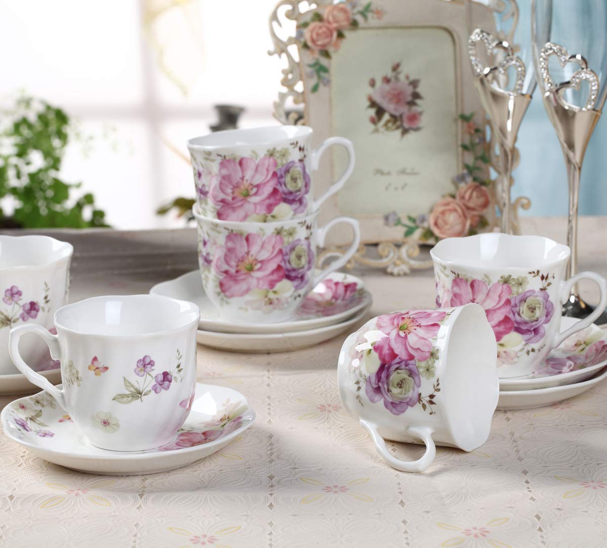 GuangYang GY 12 PCS Tea Set - 7oz New Bone China tea Cups and Saucers with Pink Flower Pattern Porcelain Cups for Mocha Cappuccino Tea and coffee