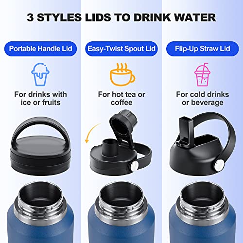 HYDROWION 32oz Water Bottle, Double Wall Vacuum Stainless Steel Insulated Water Flask with Straw Lid, Spout Lid and Flex Cap(Cold for 48 Hrs, Hot for 24 Hrs), Leakproof Travel Thermo Mug, Blue&Black