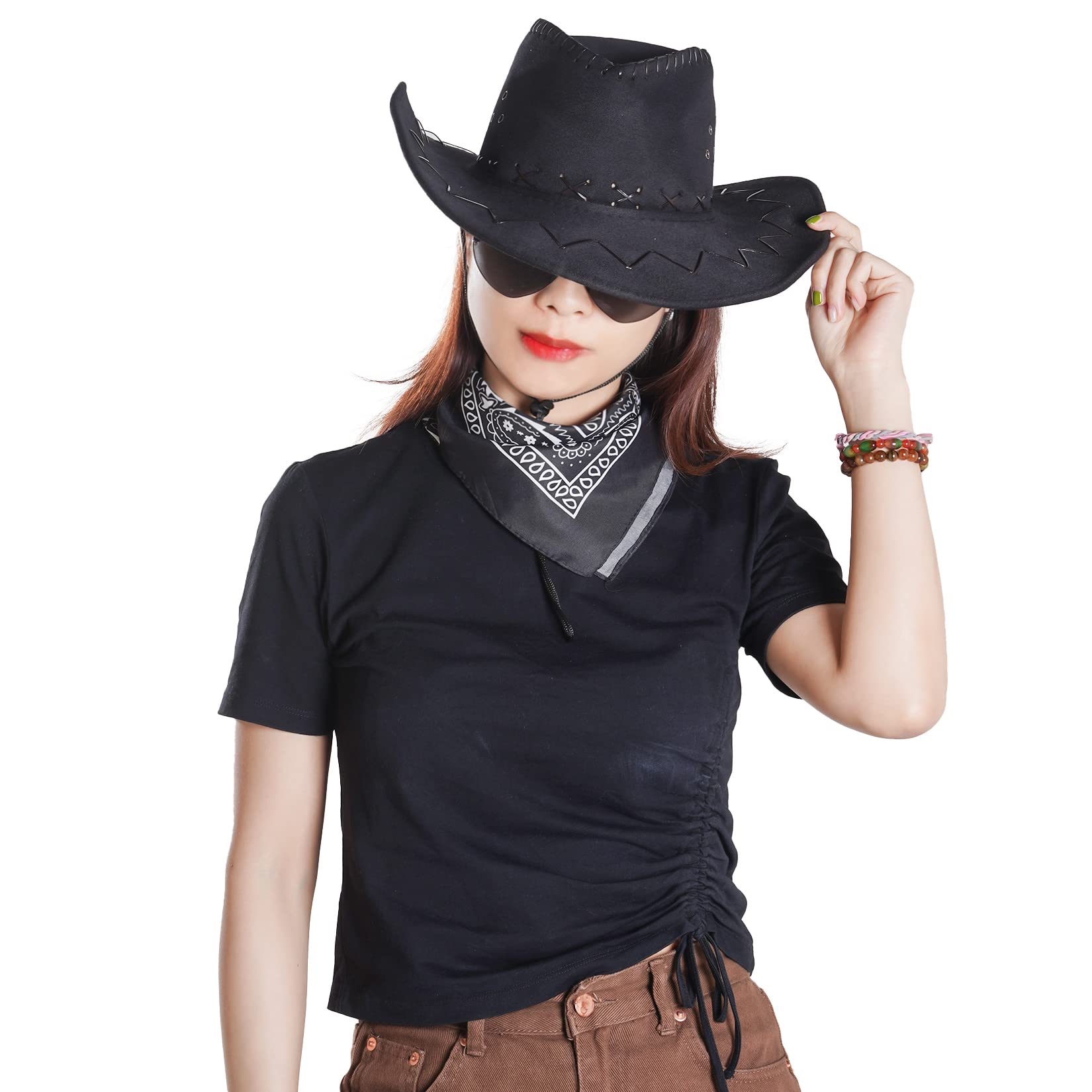 choyaxo Western Cowboy Costume Set Including Cowgirl Hat Heart Shaped Sunglasses and Bandana for Halloween,Black