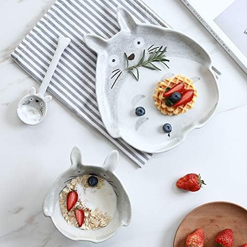 Ceramic Grey Cartoon Plate Bowl Set Hand-Painted Anime Character Dinnerware for Kids Cute Non-slip Dish Sets (Set of Bowl, Plate, Spoon)