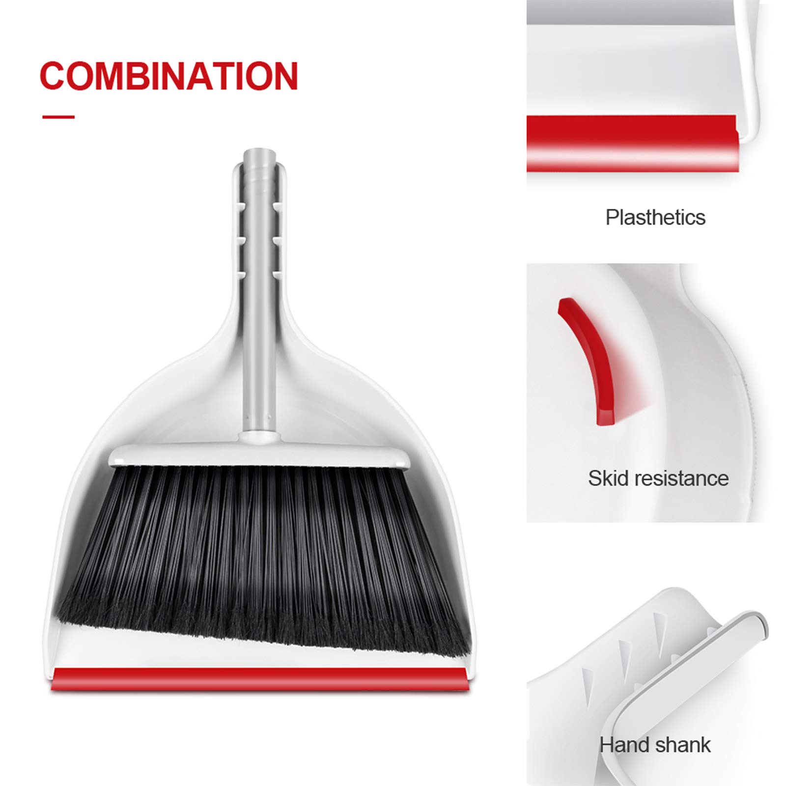 Broom and Dustpan Set - Angle Broom with Handy Clip-on Dustpan, Light Broom with 51” Long Extendable Handle for Desk,Floor,Garage and Kitchen Red White