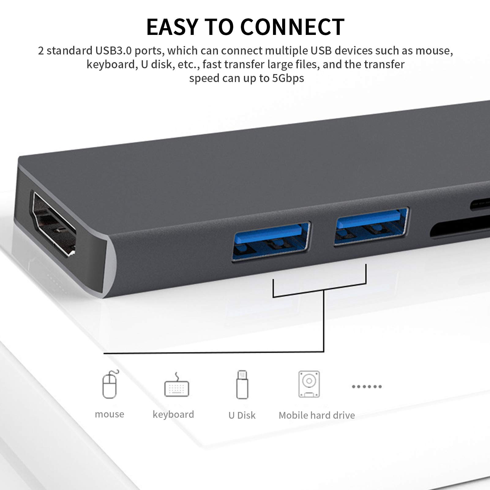 DAUERHAFT Type‑C to HD Multimedia Interface Adapter, Usb3.0X2 5Gbps Fast 5 in 1 Type‑C Adapter Easy to Use High Efficiency with 2Pcs Usb3.0 Output Port for Keyboard