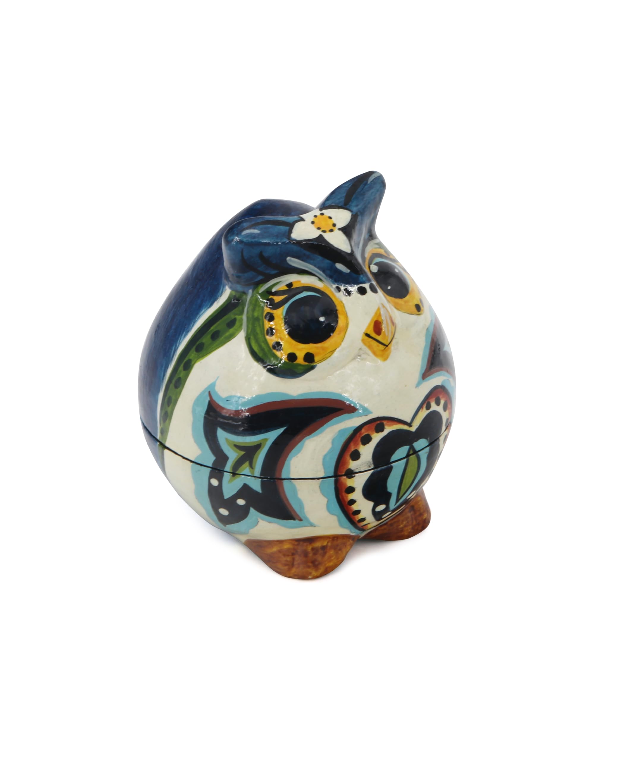 Cultural Elements Decorative Wise Owl Paper Mache Keepsake Box in Blue