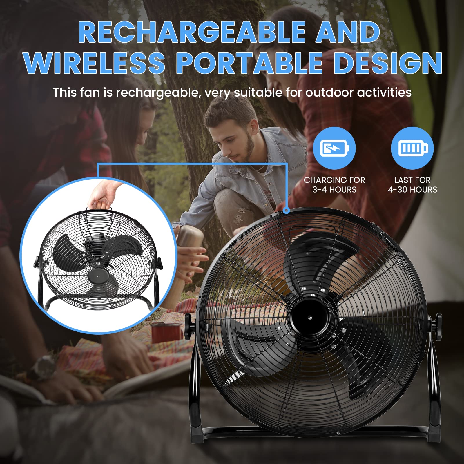 Simple Deluxe 12 Inch Battery Operated Floor Fan, Rechargeable Powered High Velocity Fan with Metal Blade, Portable Cordless Floor Fan for Outdoor, Camping, Travel