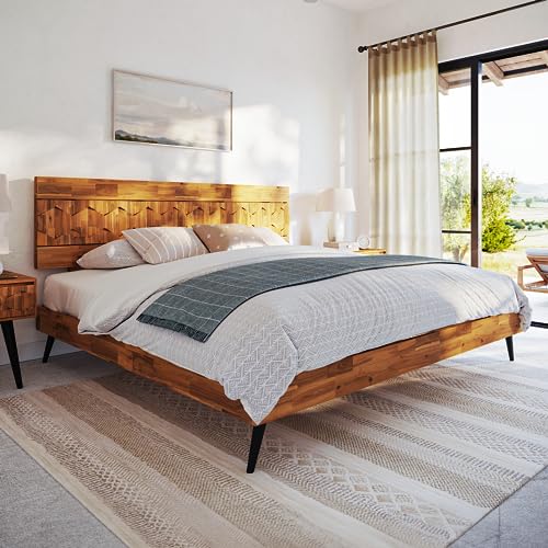 Bme Georgina King Bed Frame and Headboard, Handcrafted Geometric Pattern Solid Wood Platform Bed Frame, No Box Spring Needed, 12 Strong Wood Slats Support, Easy Assembly, Teak Brown