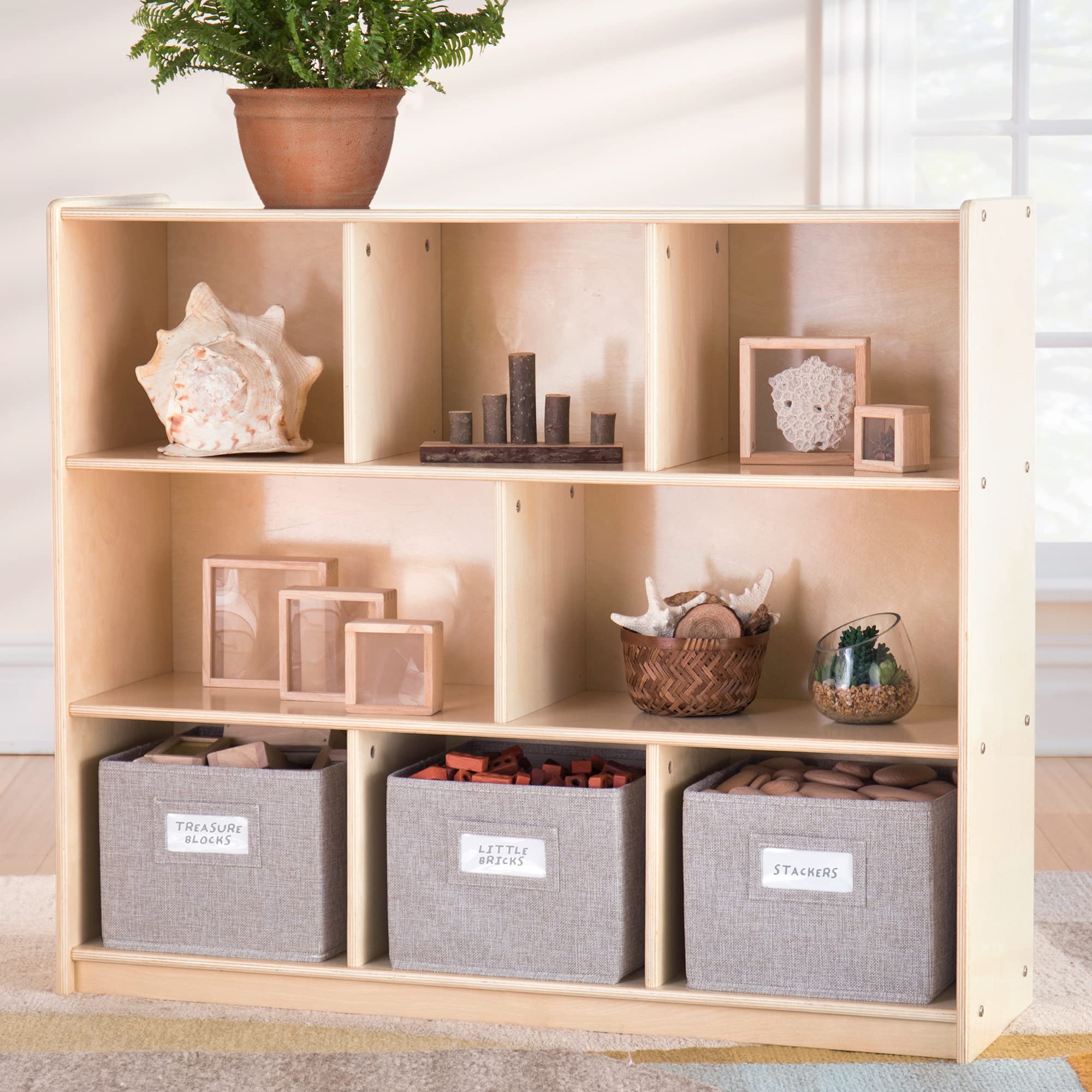 Guidecraft EdQ Three Shelf Compartment Storage Natural with 3 Fabric Bins: Wood Bookshelf and Toy Organizer for Kids, Storage Unit for Homeschool and Classroom