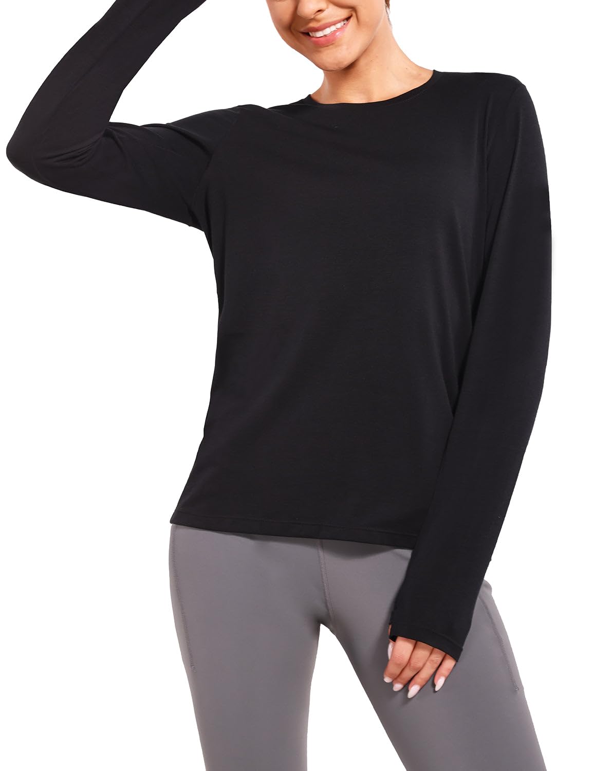 BALEAF Women's Athletic Long Sleeve Workout Shirts Loose Active Tops Running Gym Exercise T-Shirts Thumb Hole Black M