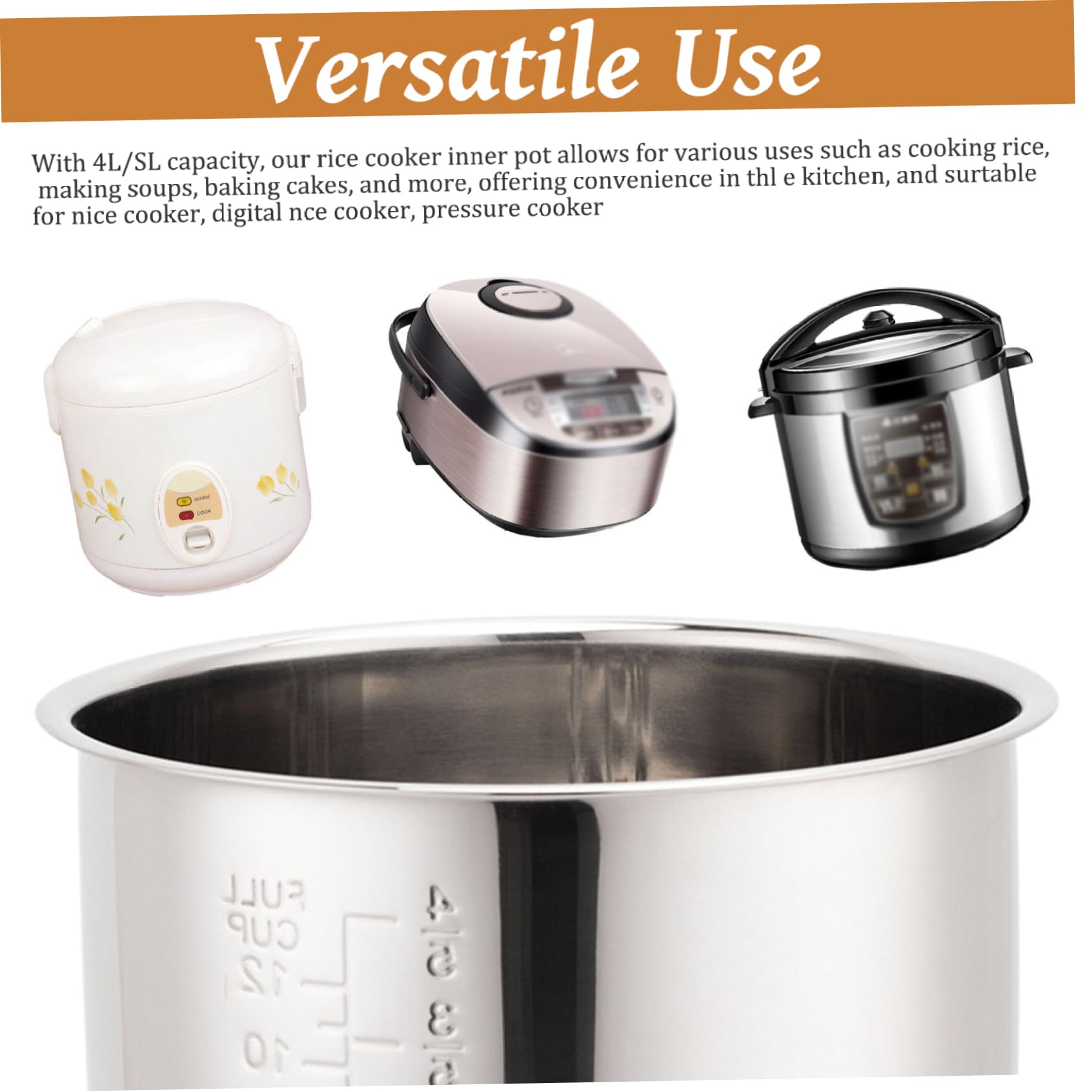 CurcKua Stainless Steel Rice Cooker Inner Pot Rice Cooker Stainless Steel Inner Pot 4L Stove Safe Polished Edged Rice Cooker Inner Pot with Scale & 3-Ply Bottom for Rice Pot Rice Cooker