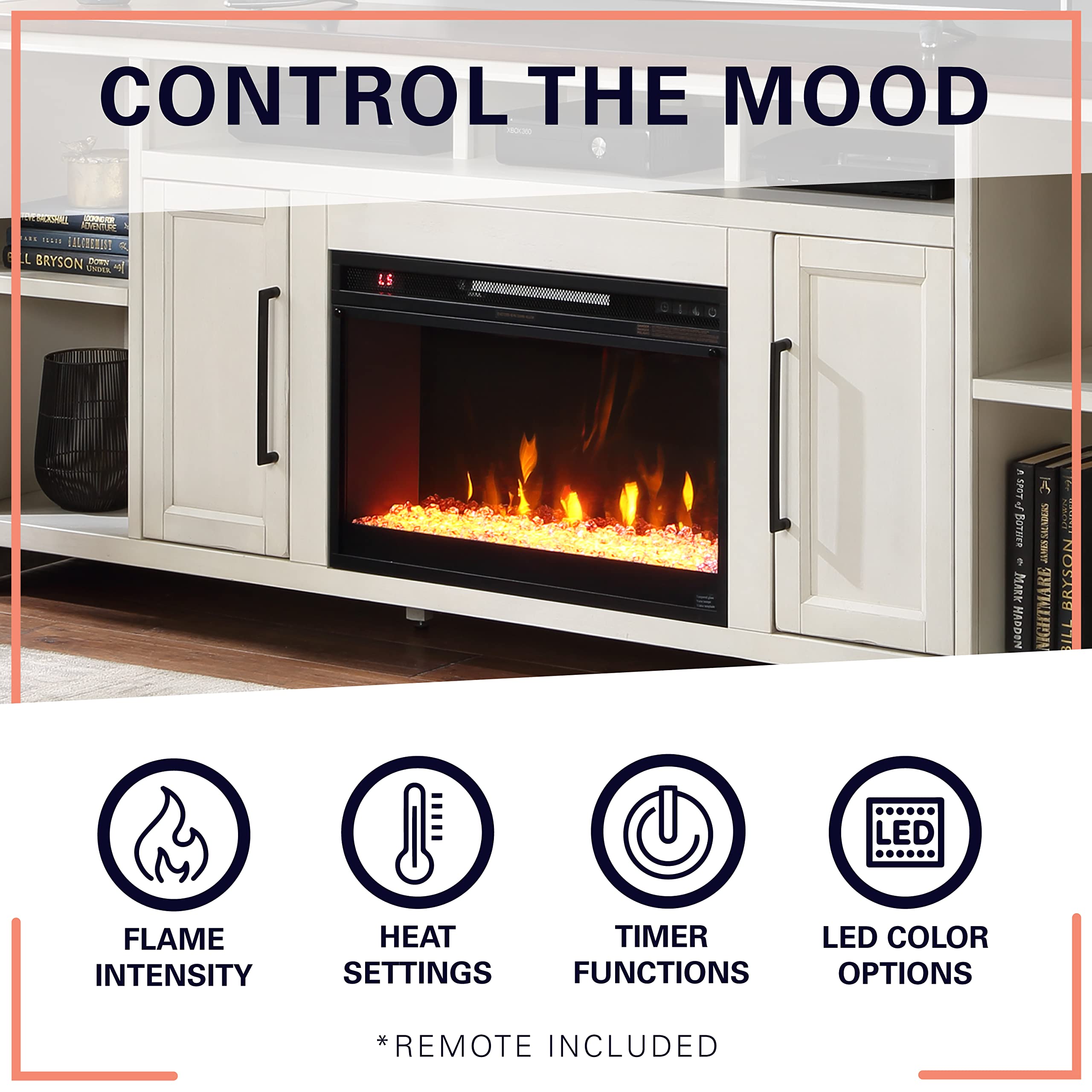 Bridgevine Home Modern 85 Inch Electric Fireplace TV Console. Accommodates TVs up to 95 inches. Fully Assembled. Poplar Solids and Okume Veneers. Jasmine Whitewash and Whiskey Finish.