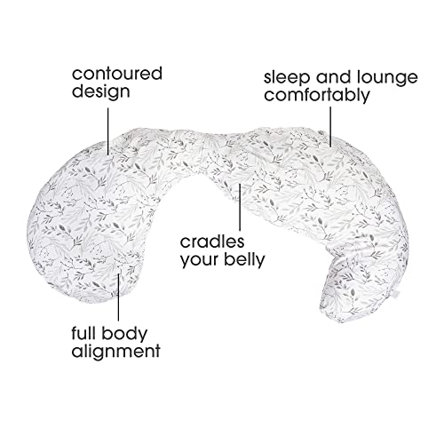 Boppy Total Body Pregnancy Pillow with Removable, Breathable Pillow Cover | Gray Scattered Leaves | Plush Full-Body Support | Prenatal and Postnatal Positioning
