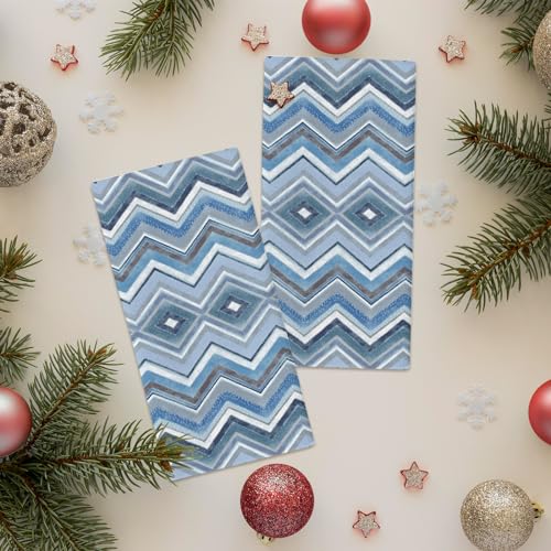 Beisseid Kitchen Dish Towels Blue Chevron Dish Cloth Fingertip Hand Towels Geometric Design Stripe Blue Gray Super Absorbent Soft Cotton Tea Towel 3 PCS