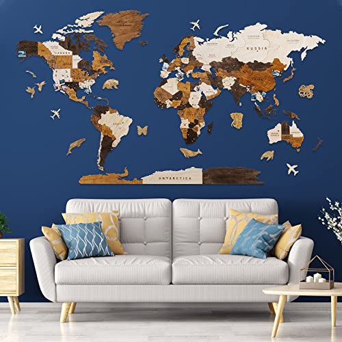 HYPERI 3D Wooden World Map Wall Decor, Multicolor World Travel Map with Pins, Wood World Map Wall Art, Mapa Del Mundo Para Pared, Places I've Been Map, Decor for Home Office, Thanksgiving Gift(Medium)