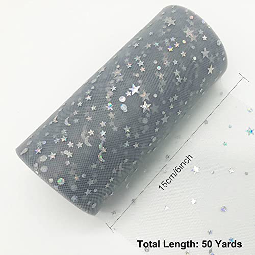 Glitter Tulle Fabric Rolls, 6β by 50 Yards (150FT) Sparkling Tulle Spool Ribbon Sequin Tulle Netting Fabric for Tutu Skirt Wedding Birthday Baby Shower Bows Party Decoration (Grey)