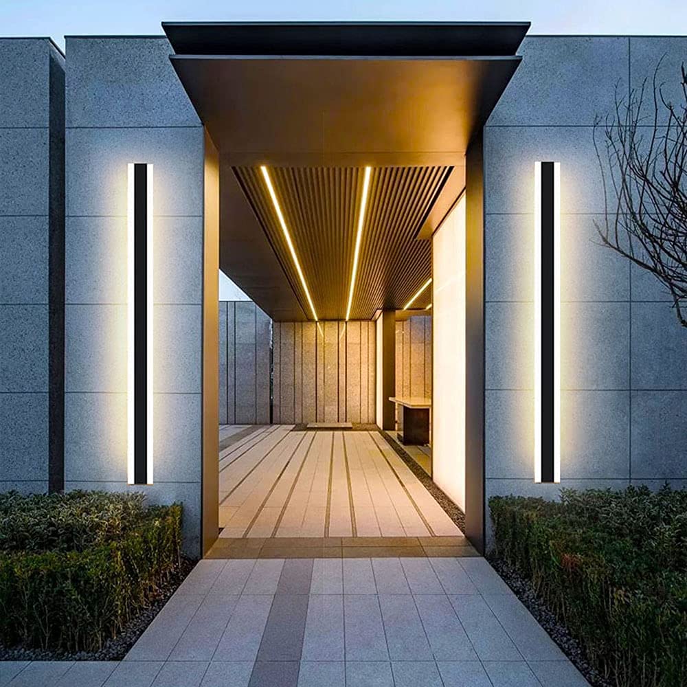 Outdoor Long Strip Modern LED Wall Lighting Fixture Lamps, Elegant Frosted White Acrylic, Black Aluminum Body IP65 Waterproof Anti Rust (Cold White, 60inch)