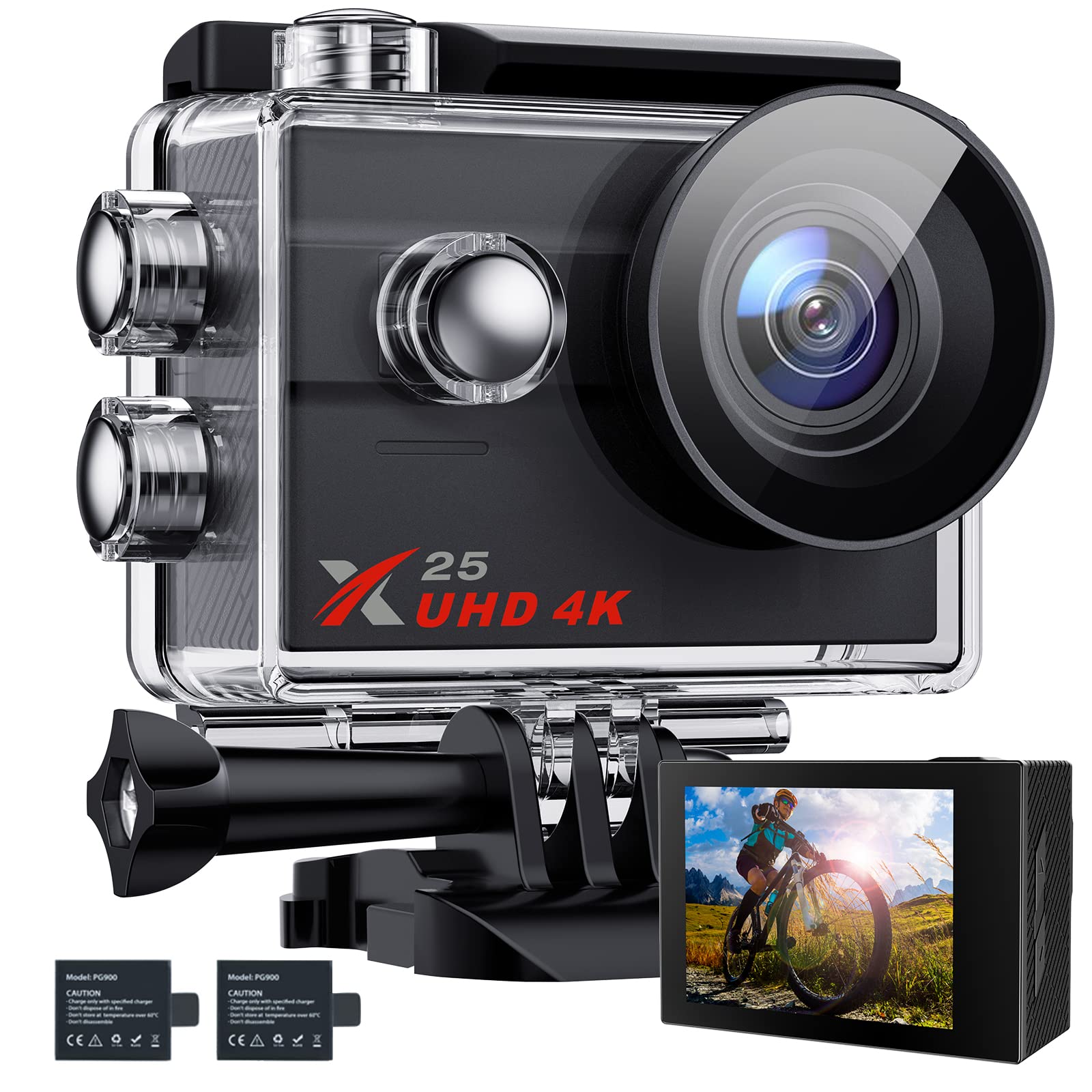 CAMWORLD Action Camera 4K WiFi Waterproof Underwater Camera 170° Wide Angle Ultra HD Sports Cam with 2 Batteries and Accessories