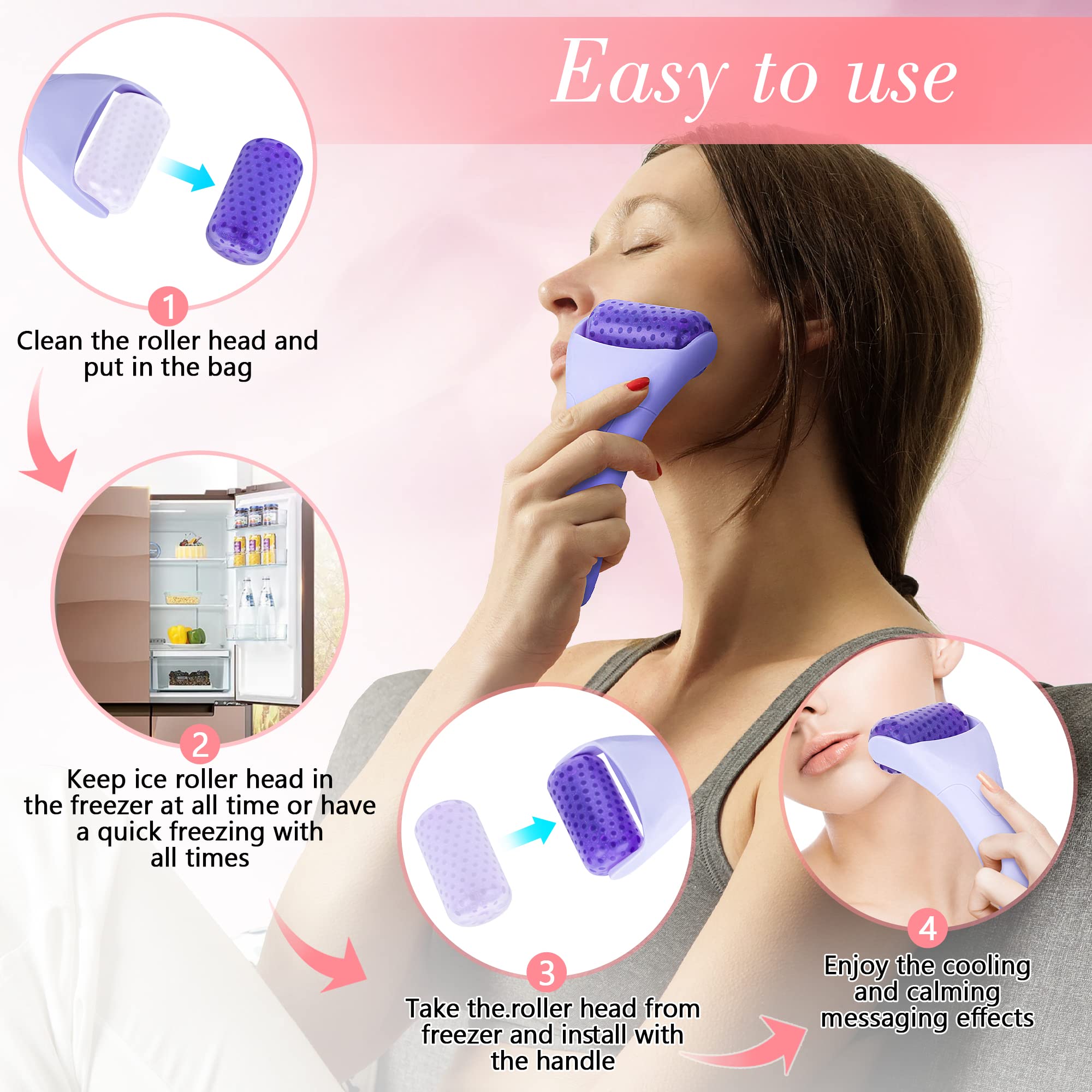 Ice Roller for Face and Eyes (2 premium roller heads included)- Face Ice Roller Massager to Reduce Puffiness around eyes and face, Migraine Pain, Wrinkles. Women's Gift idea. (Purple)