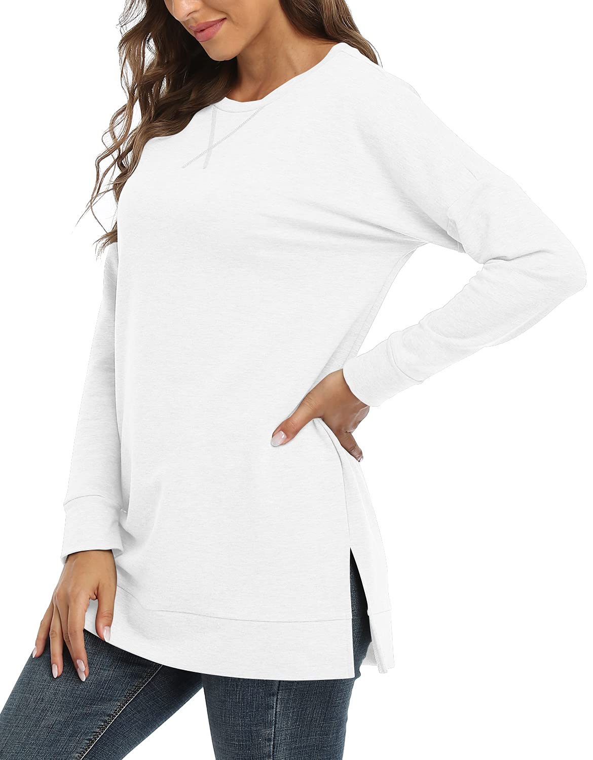 BETTE BOUTIK Plain white Tunic Womens Long Sweatshirt cotton Crewneck Sweatshirt Tops Long Sleeve Sweatshirts Plain Women's Plus Size Tops White Medium