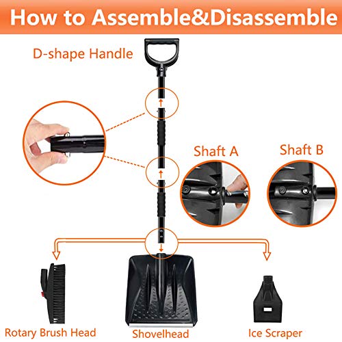 Elefama 3-in-1 Snow Shovel Kit for Car Emergency Driveway Snow Removal with Ice Scraper and Snow Brush Window Windshield Portable Collapsible Snow Shovel for Backyard Trucks SUV Deck Stairs