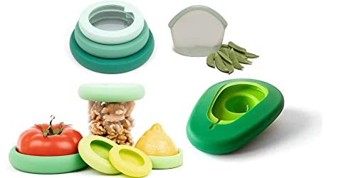 Food Huggers Kitchen Must-haves ECO-PRO 12 Pieces - Food Huggers Sage Green (Set of 5) + Avocado Hugger (Set of 2) + Food Huggers Silicone Storage Bags (2 pieces) + Food Huggers Bowl Lids (Set of 3)