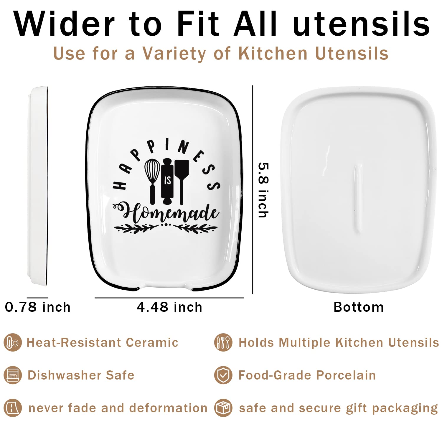 Ceramic Spoon Rest for Stove Top, Funny Happiness is Homemade White Spoon Holders for Kitchen Counter, Modern Farmhouse Kitchen Cute Decor