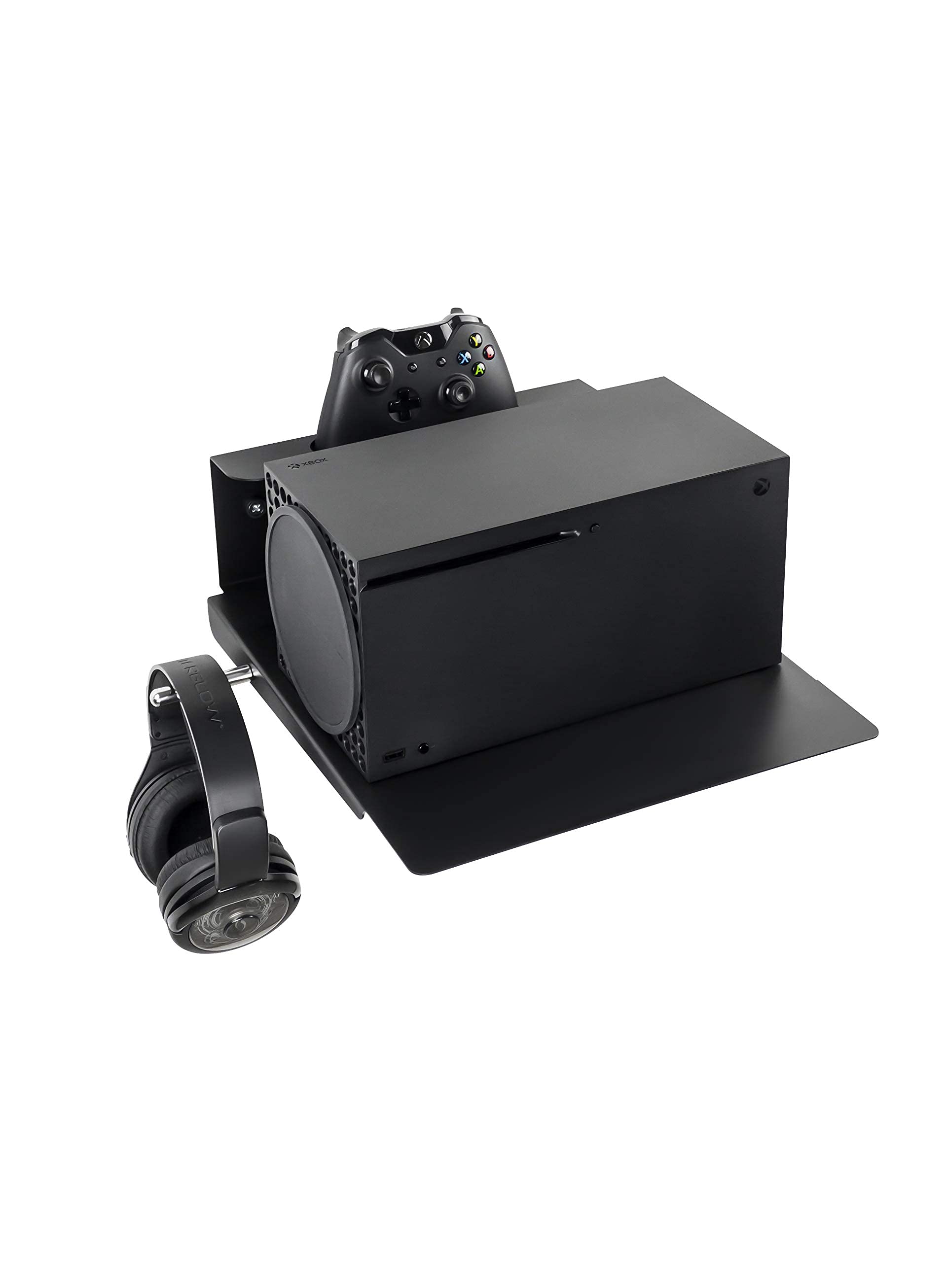 Borangame - Horizontal Wall Mount Compatible with All PlayStation PS4 Models (First Series, Slim and Pro), PS5 & XBOX, Stand in Powder-coated Iron, Space for 2 Pad and 1 Gaming Headphone Holder