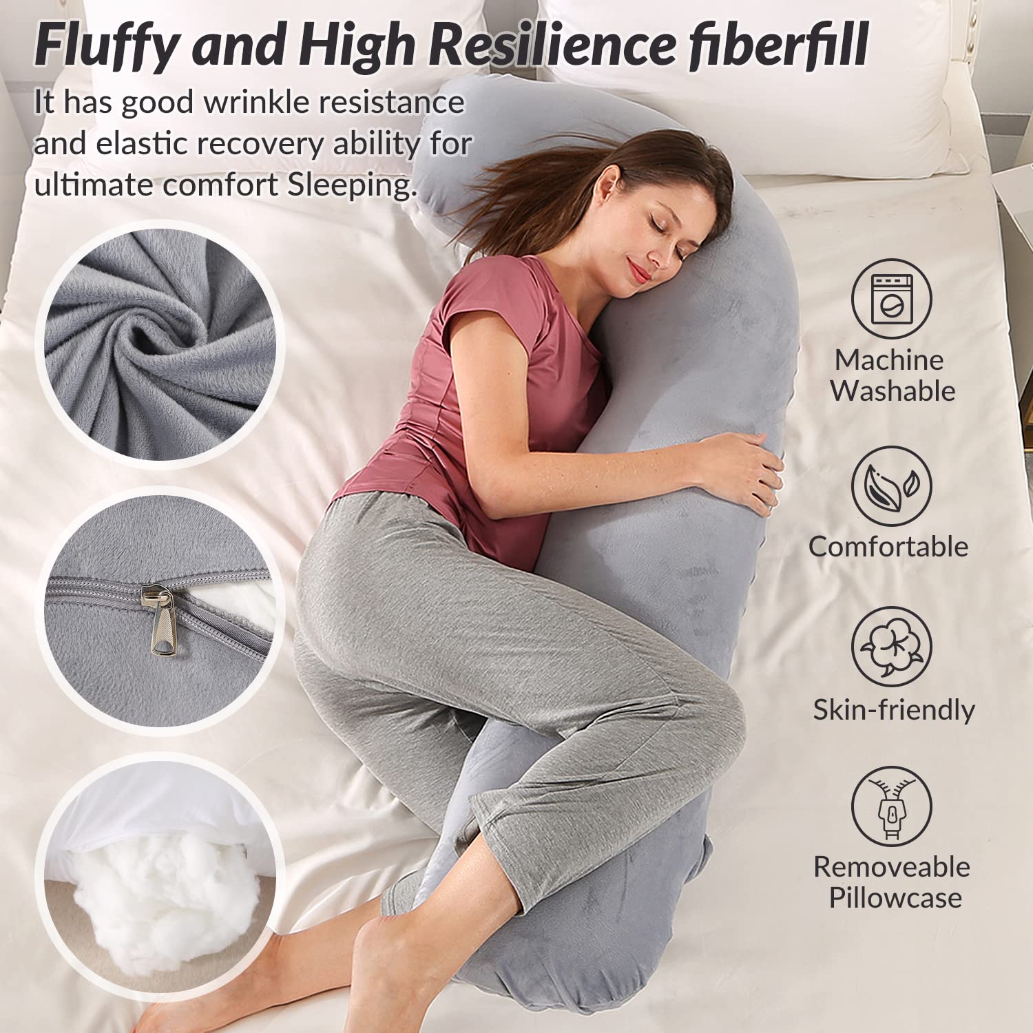 Elover Pregnancy Pillows for Side Sleeping Maternity Body Pillow for Pregnancy, Soft Pregnancy Pillow with Velvet Cover for Head Neck Belly Support (Dark Gray, Velvet)