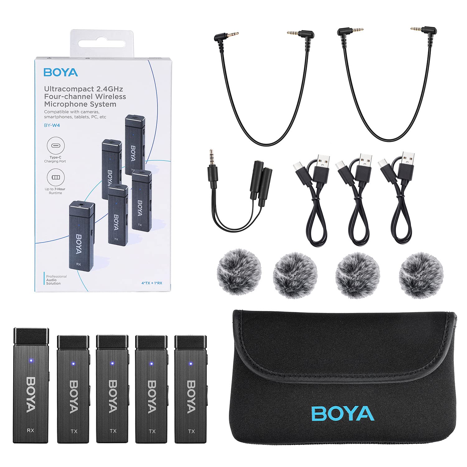 BOYA 4-Channel Wireless Lavalier Microphone System, by-W4 2.4G Wireless Lapel 4 Transmitters & One Receiver for DSLR Camera Camcorder Smartphones Interview Vlog YouTube Video