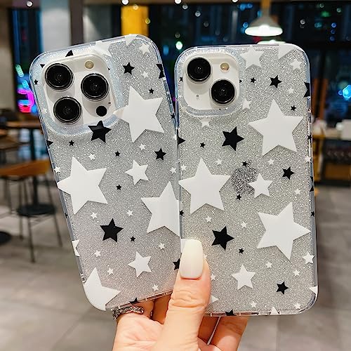 HYUEKOKO Compatible with iPhone 13 Case Bling Glitter White Black Stars Case for Women Girls, Slim Hard Back Clear Phone Case Cover for iPhone 13 6.1''
