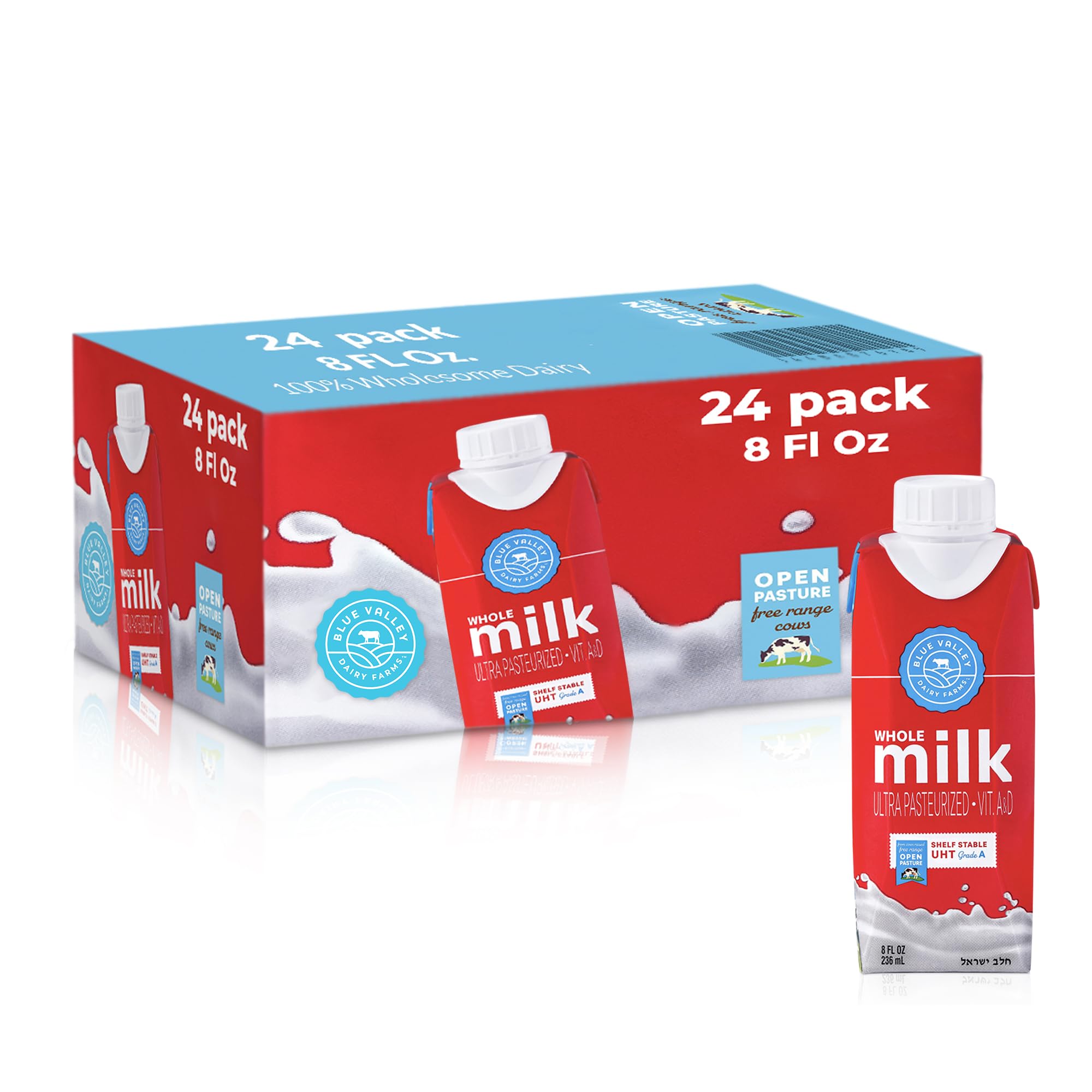 Blue Valley Whole Milk, Open Pasture, Shelf Stable, Cholov Yisroel-8Fl Oz-(24 PACK)