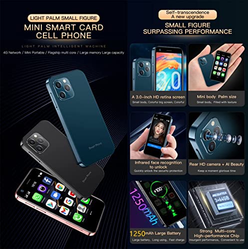 Global Version Soyes XS12 Mini 4G Smartphone 3.0 Inch Dual Sim Ultra Thin Unlocked Card Mobile Phone WiFi Bluetooth Hotspot Student Pocket Cellphone (Blue 64GB)