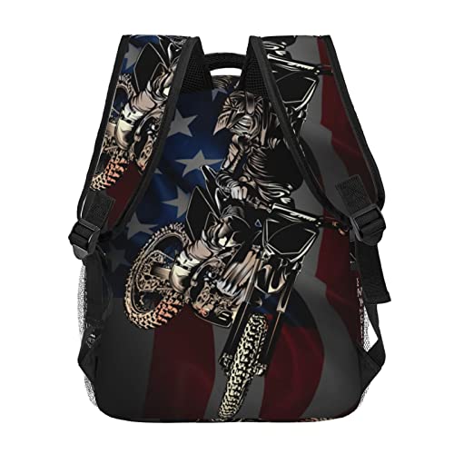 FuriTou Motocross Dirt Bike American Flag Backpack Motorcycle Biker Double Shoulder Bag Laptop Bagpack for Men Women Bookbag for Work Camping Travel