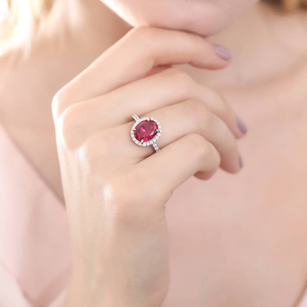 BERRICLE Sterling Silver Halo Wedding Engagement Rings Simulated Ruby Oval Cut Cubic Zirconia CZ Ring for Women, Rhodium Plated Size 9
