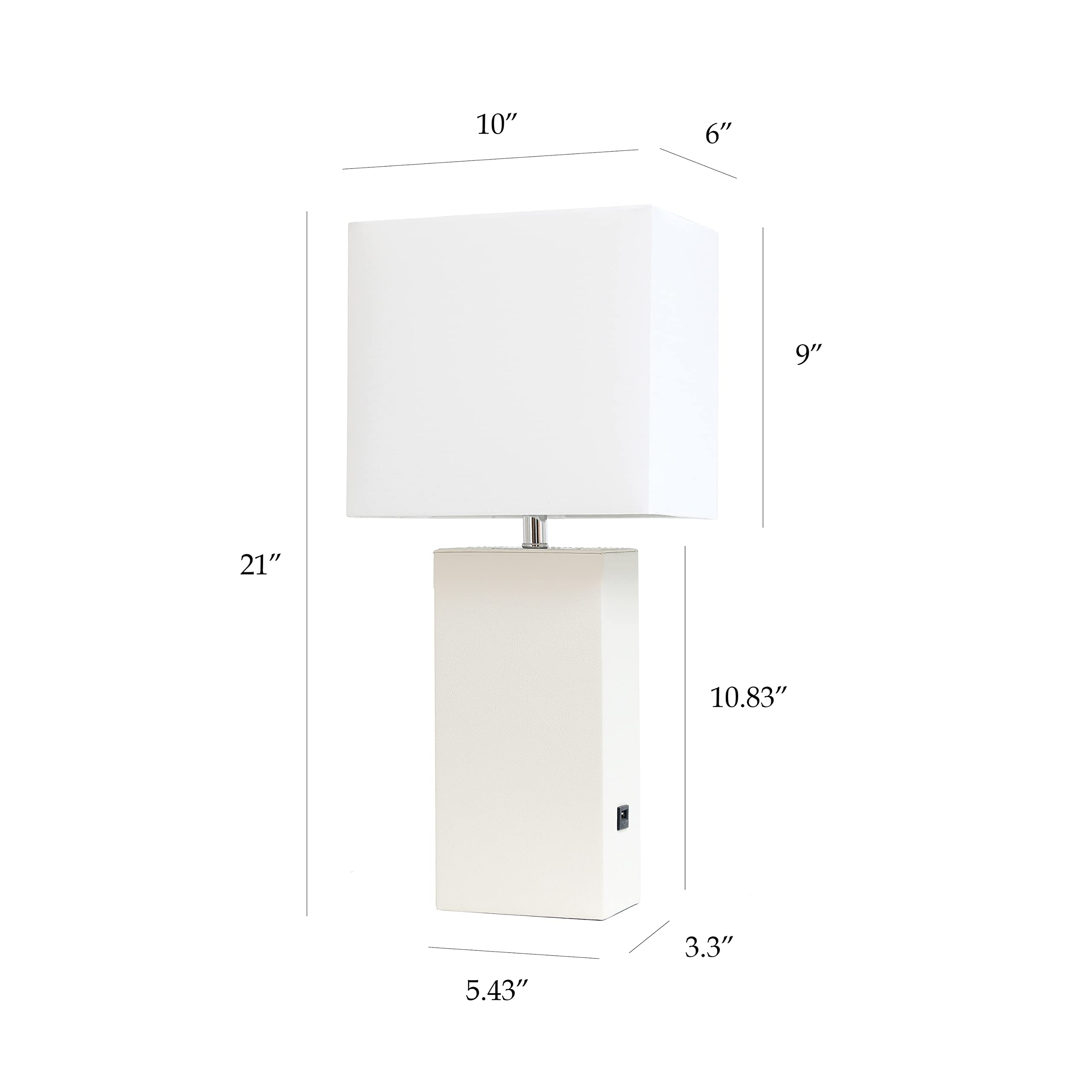 Elegant Designs LT1053-WHT Modern Leather Table Lamp with USB and White Fabric Shade, White