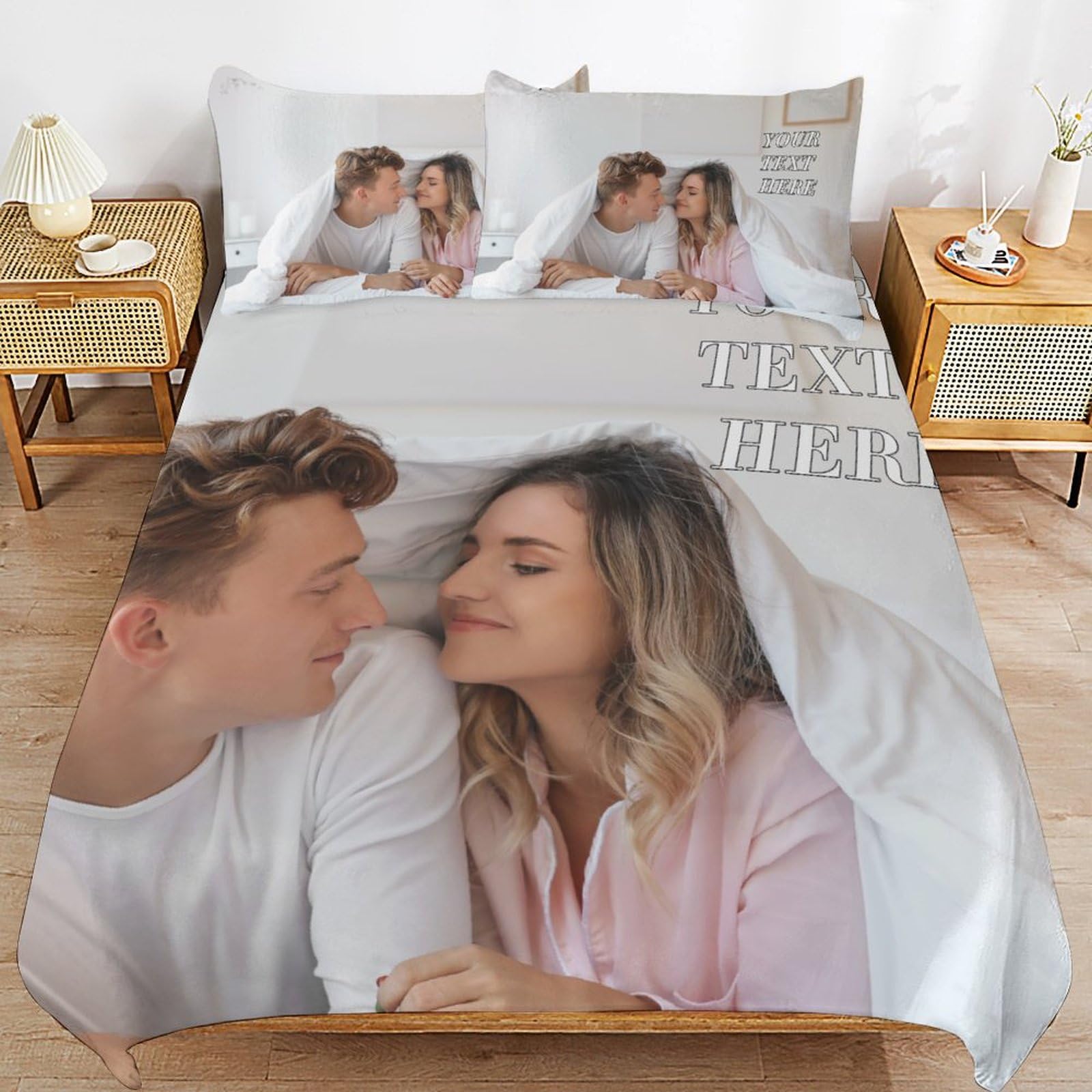 Custom Bedding Set with Photo Text Logo Custom Comforter Set Custom Bedding 3pcs Sets Bedding Cover Set Customized Duvet Cover Set for Family Kids Couples Birthday (1 Comforter and 2 Pillowcases)