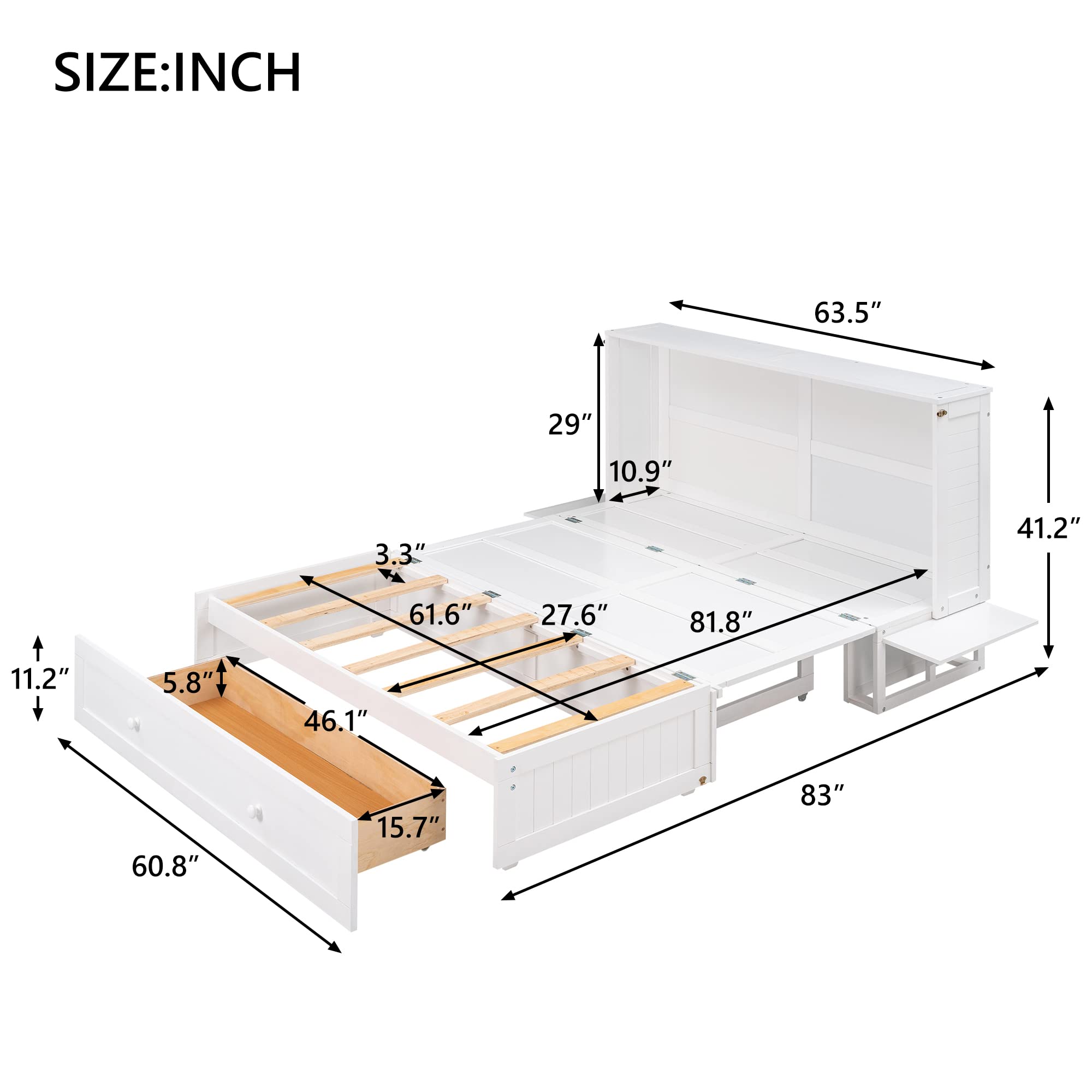 BIADNBZ Queen Size Mobile Murphy Bed with Drawer and Little Shelves on Each Side,Storage Platform Bedframe for Home/Office,White