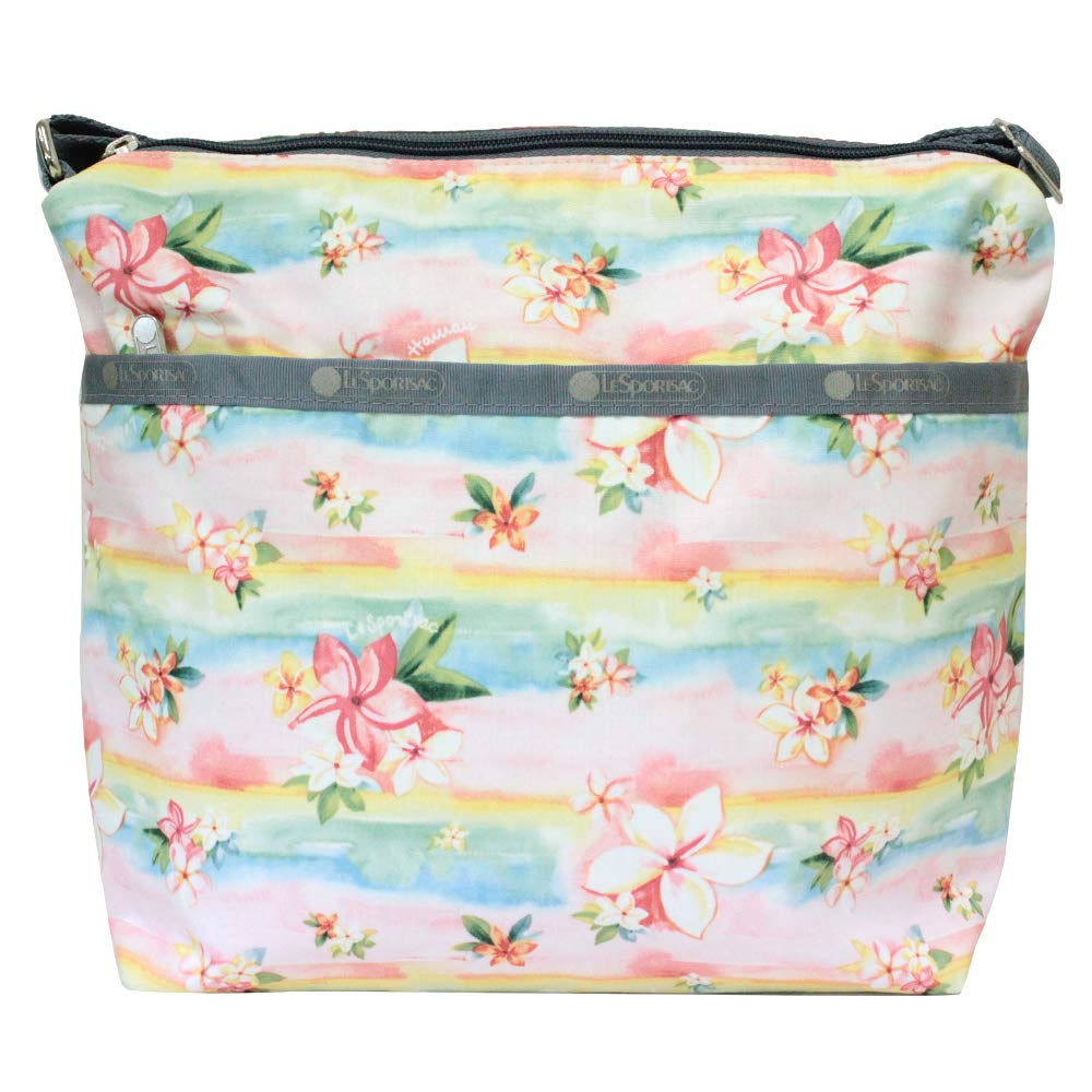 LeSportsac Plumeria Rainbow HAWAII EXCLUSIVE Small Cleo Crossbody Handbag, Style 7562/Color K879, Tropical Hawaiian Plumeria Flowers, Pastel Watercolors, ‘Hawaii’ on Pattern