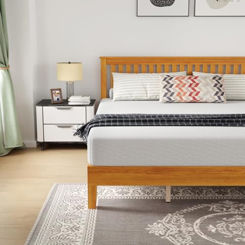 BORGEBY Wood Platform Bed Frame with Wood Headboard, Wooden Bed Frames,King Bed Frame Wood Slats Support, Solid Wood Foundation, No Box Spring Needed, Easy Assembly, Brown