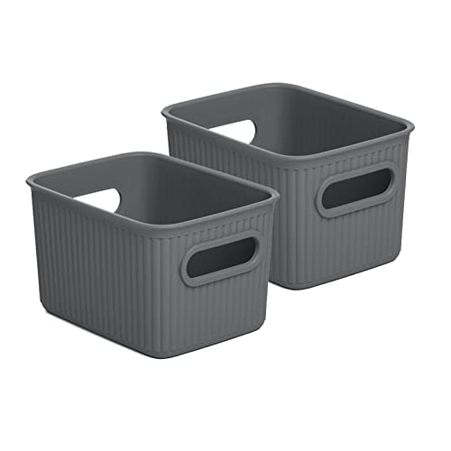 Superio Ribbed Collection - Decorative Plastic Open Home Storage Bins Organizer Baskets, Small Grey (2 Pack) Container Boxes for Organizing Closet Shelves Drawer Shelf 1.5 Liter