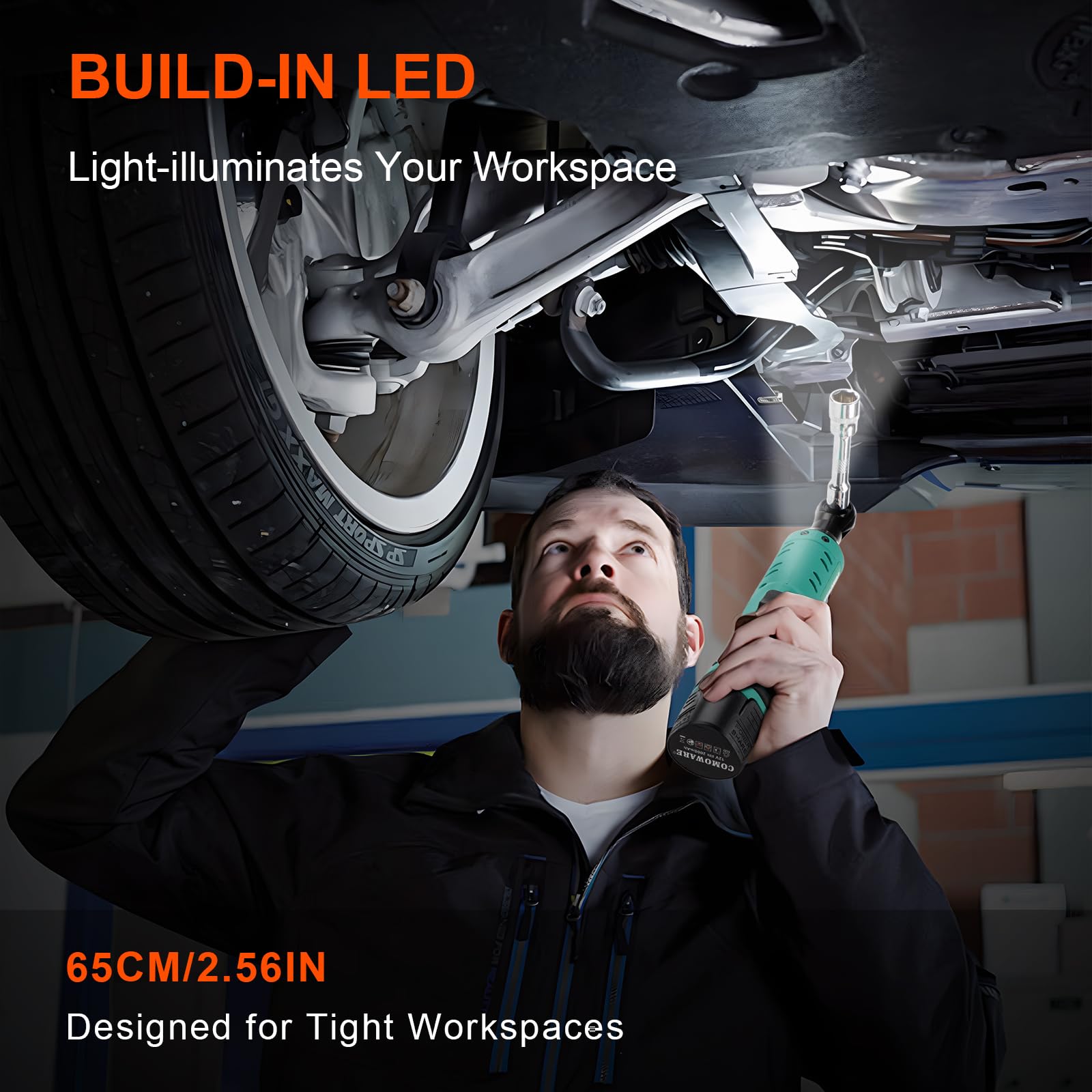 COMOWARE 3/8 Cordless Electric Ratchet Wrench Kit, 40ft-lbs Torque, 12V Power, 8 Sockets, LED Light, Fast Charger, Ergonomic Design