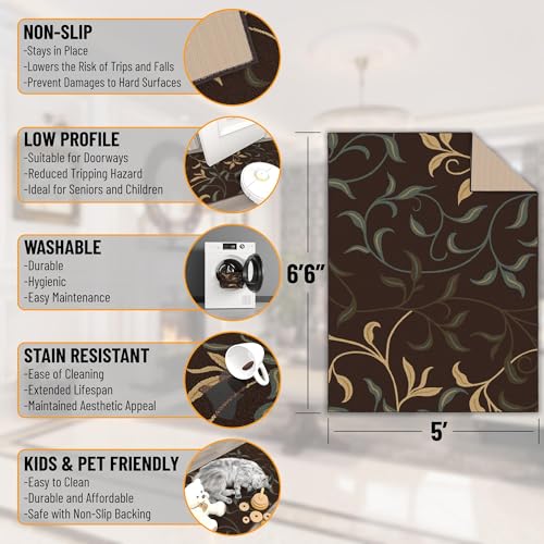 Machine Washable Leaves Design Non-Slip Rubberback 5x7 Traditional Area Rug for Living Room, Bedroom, Kitchen, 5' x 6'6", Brown