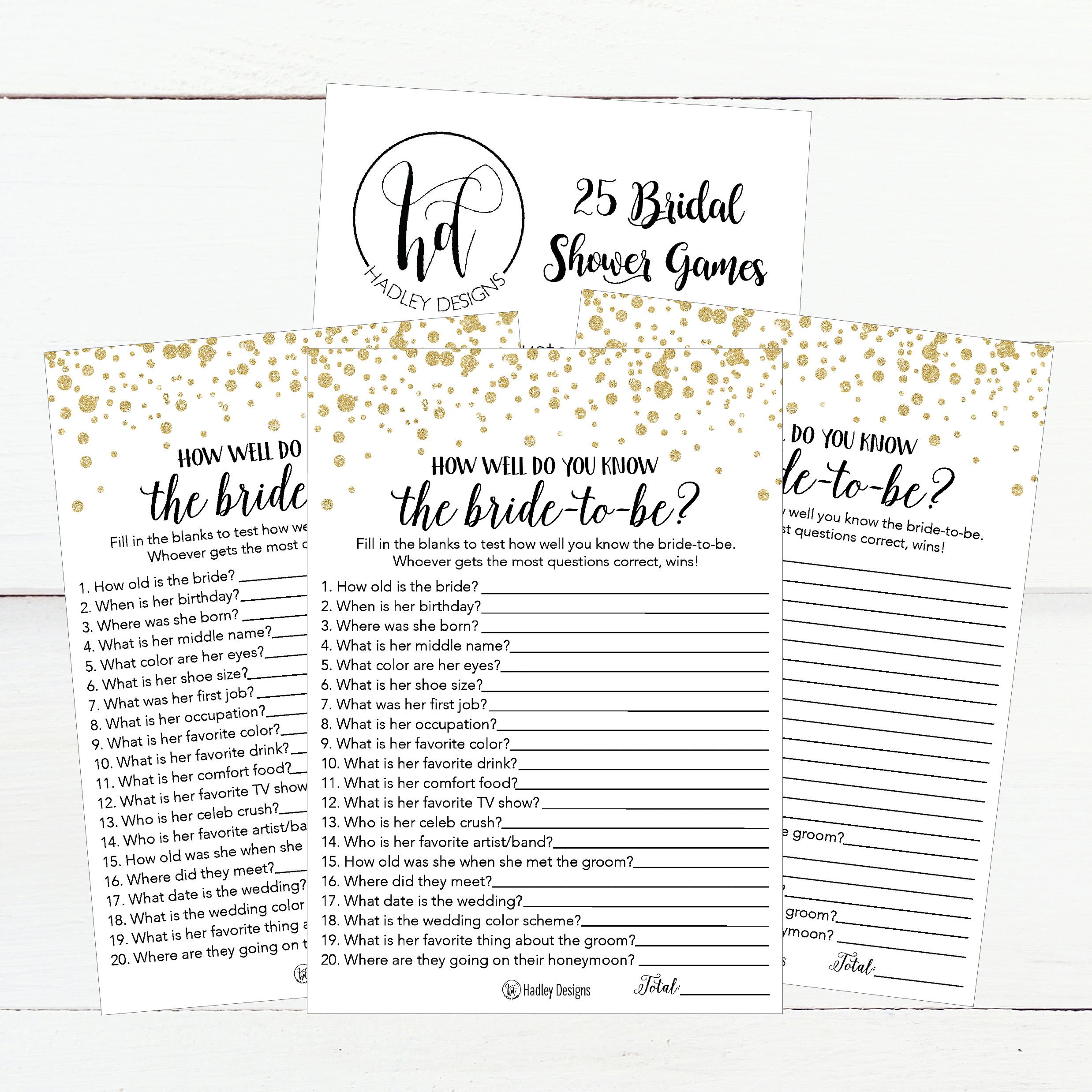 Hadley Designs 25 Black and Gold How Well Do You Know The Bride to be Bridal Wedding Shower or Bachelorette Party Game, Couples Guessing Question Set of Cards Pack, Printed Engagement