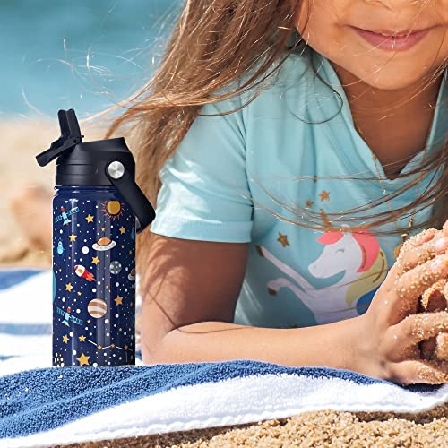 HOMMBENM Kids Space Water Bottles With Straw Lids Stainless Steel Vacuum Insulated Double WallWide Mouth Water Bottles for School Boys,Girls (Space,16oz)
