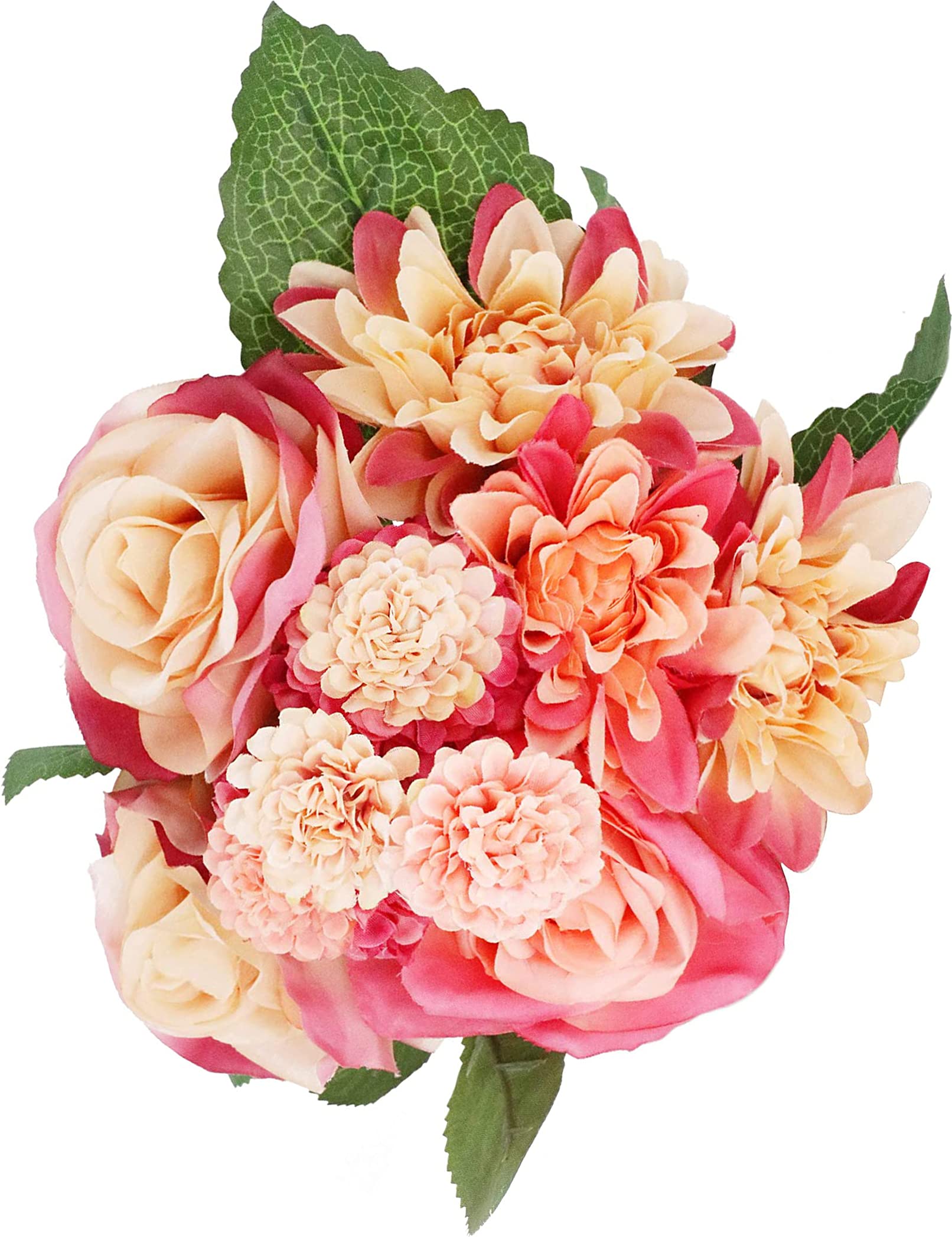 SUPICKET 1 Bunch 8 Pcs Artificial Rose Dahlia Daisy Flower Bouquet Bride Bridesmaid Holding Flowers for Home Hotel Office Wedding Party Garden Craft Art Decor, Red&Orange