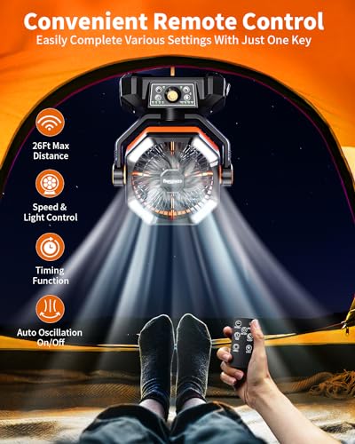 coldSky ๐ฎ๐ฌ๐ฌ๐ฌ๐ฌ๐บ๐๐ต Camping Fan with ๐๐๐ฎ๐น ๐ ๐ผ๐๐ผ๐ฟ, Battery Operated Fan with 4 LED Lantern, 8 Speeds Desk Fan with Remote, Portable Outdoor Fan with Hook for Tent, Power Outages, Jobsite