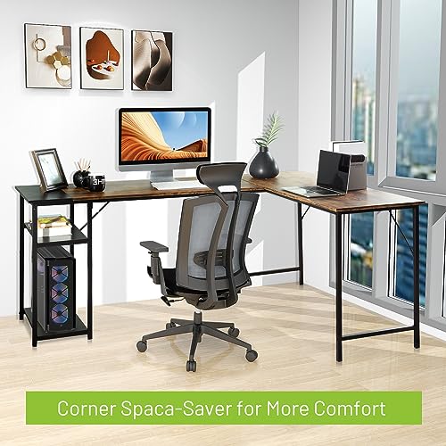 FurnitureR L-Shaped Home Office Computer Desk 66 inches Large Study Writing Student Laptop PC Gaming Corner Table with Shelves for Apartment Dormity Small Spaces, Brown