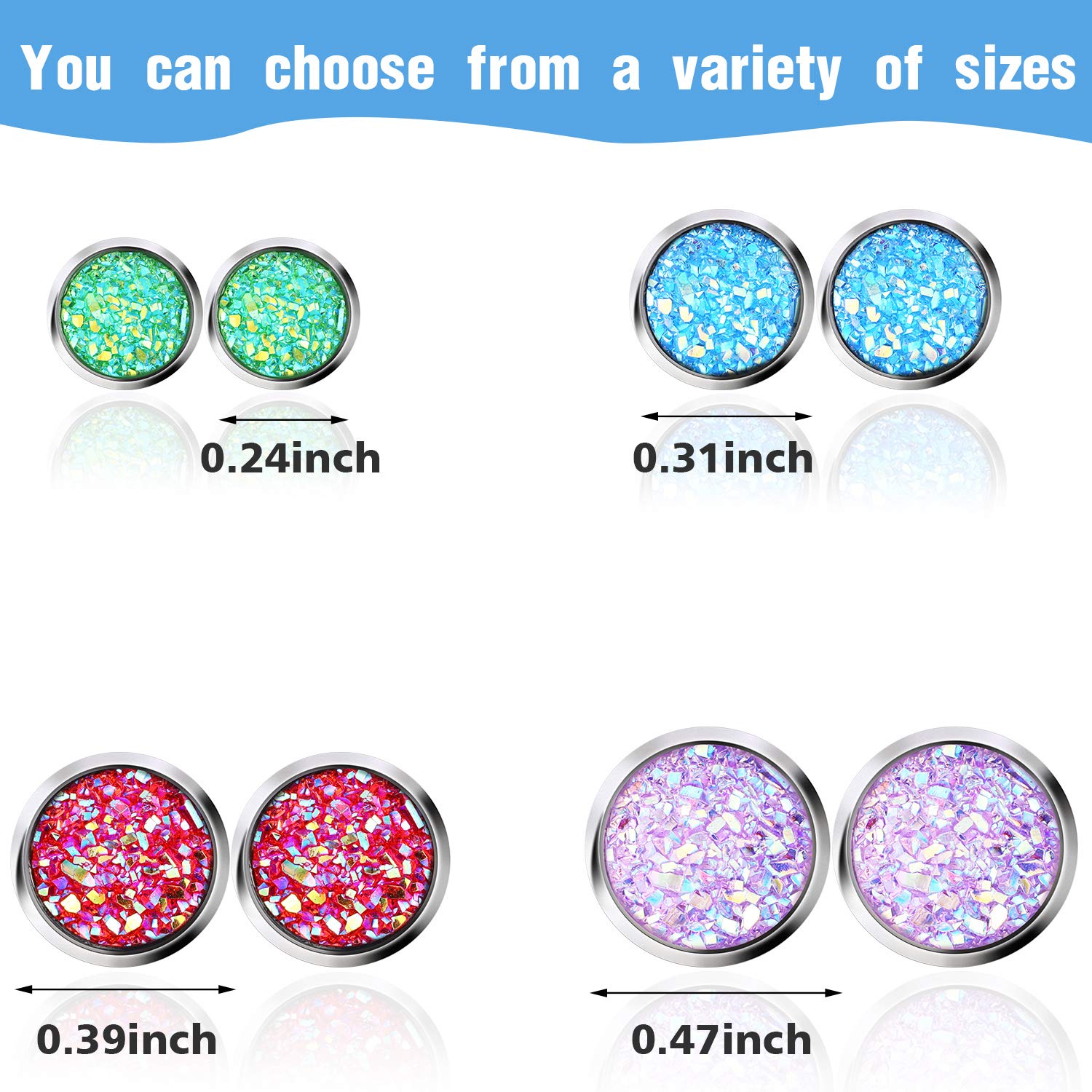 Boao 15 Pairs Druzy Stud Bulk Earrings Set Stainless Steel Round post Earrings Bohemian Pierced Earrings Jewelry for Women (8.0 Millimeters)