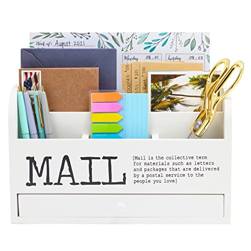 Juvale White Mail Organizer for Desktop, Wooden Mail Sorter Storage Box for Countertop, Home Office, Farmhouse-Style 3-Tier Holder with Drawer for Files, Bills and Letters (11 In)