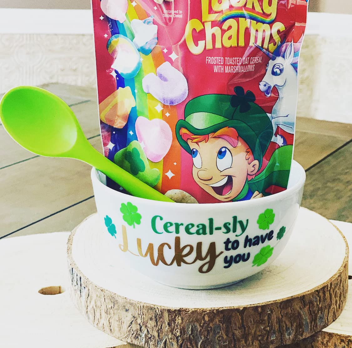 Cereal-sly lucky to have you cereal bowl. Kids St. Patrickās Day ideas. St. Patrickās day gifts for kids. St. Pattyās Day breakfast. (bowl/spoon/cereal)