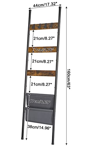 IBUYKE Blanket Rack Towel Rack Holder with Hooks Blanket Ladders Wall Leaning Metal Holder Rack for Living Room,Bathroom,Bedroom Home Decor Rustic Brown TTR001H