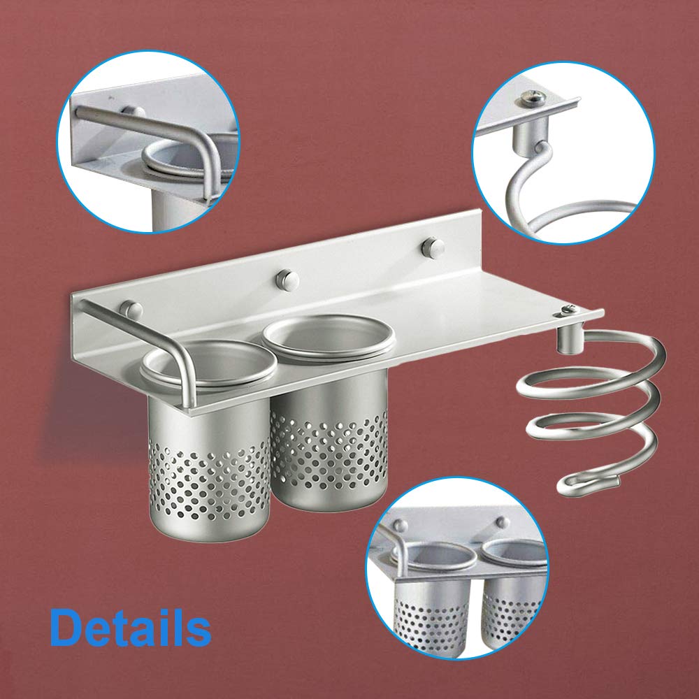 Hair Dryer Holder Wall Mount, Toothbrush Hairdryer Holder Organizer Storage Handing Rack, Upgrade Special Aluminum, Bathroom Hanging Rack Organizer with 2 Cups
